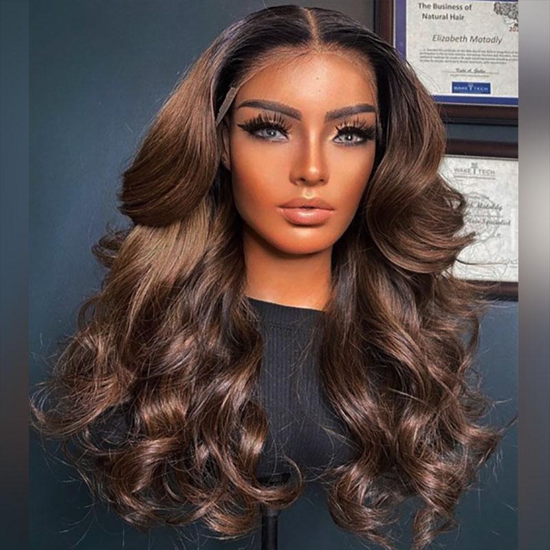 BEEOS 13X6 SKINLIKE Real HD Lace Full Frontal Wig Ombre Brown Body Wav ...